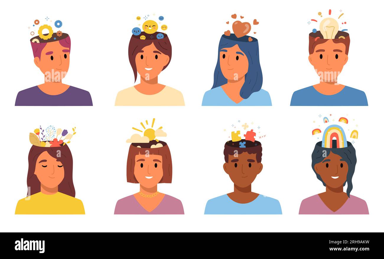 People thinking types flat icon set different kinds of thoughts in head ...