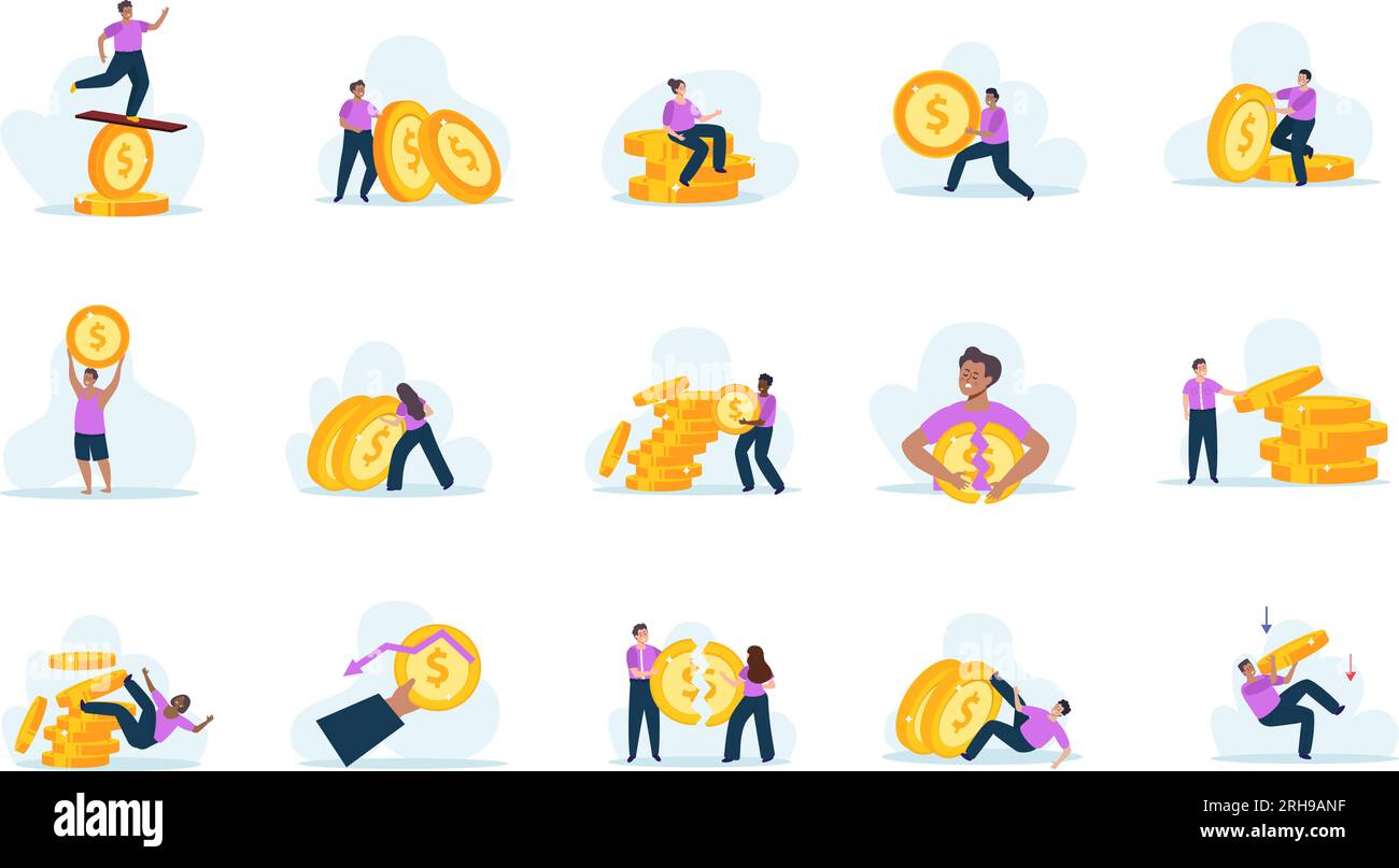 Financial instability set with flat isolated icons of coins with doodle ...
