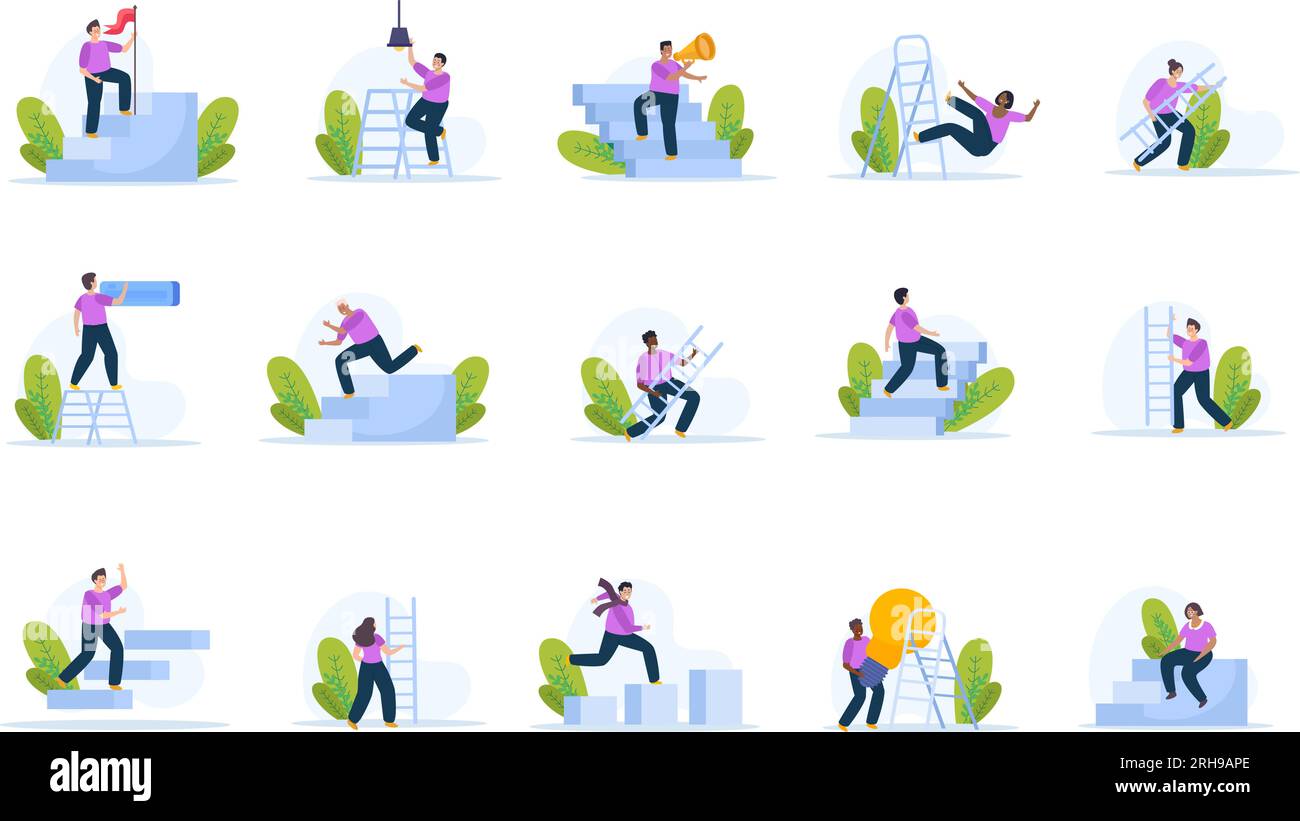 Man with ladder set of flat isolated icons with human characters and ...