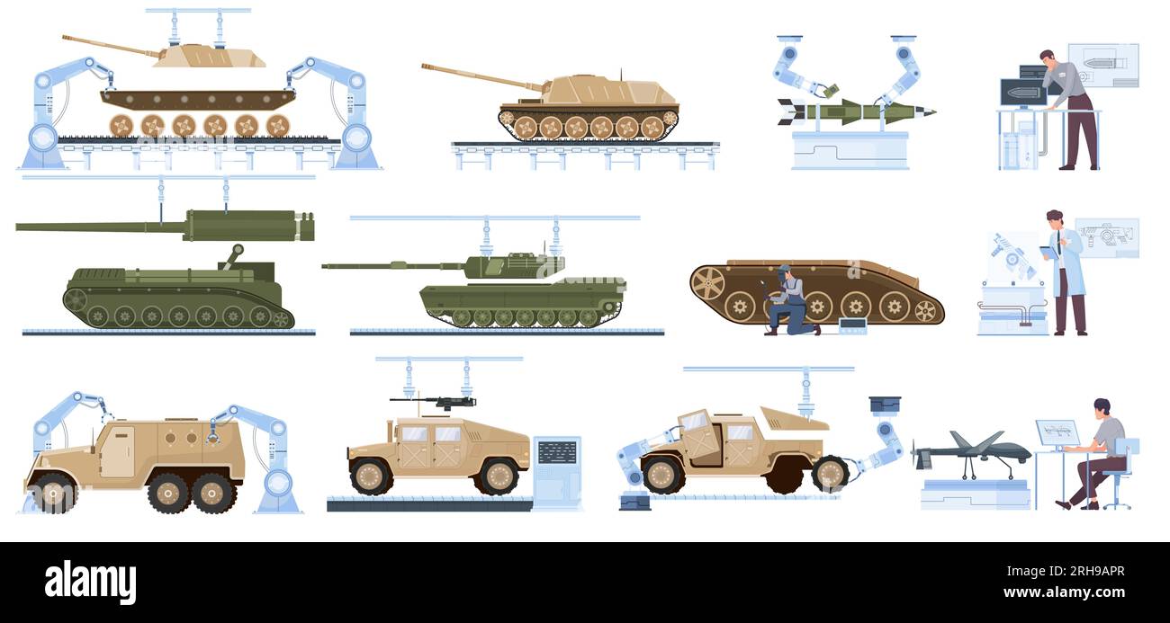 Military production flat set of armored fighting vehicle modern tank ...