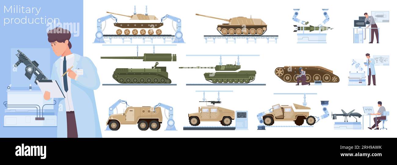 Military production flat composition with tanks armored fighting ...