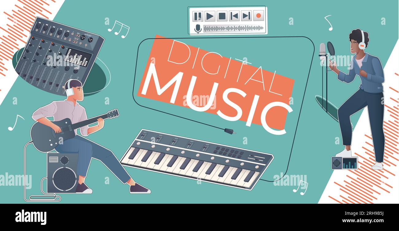 Digital music flat collage with singer and musician characters sound ...