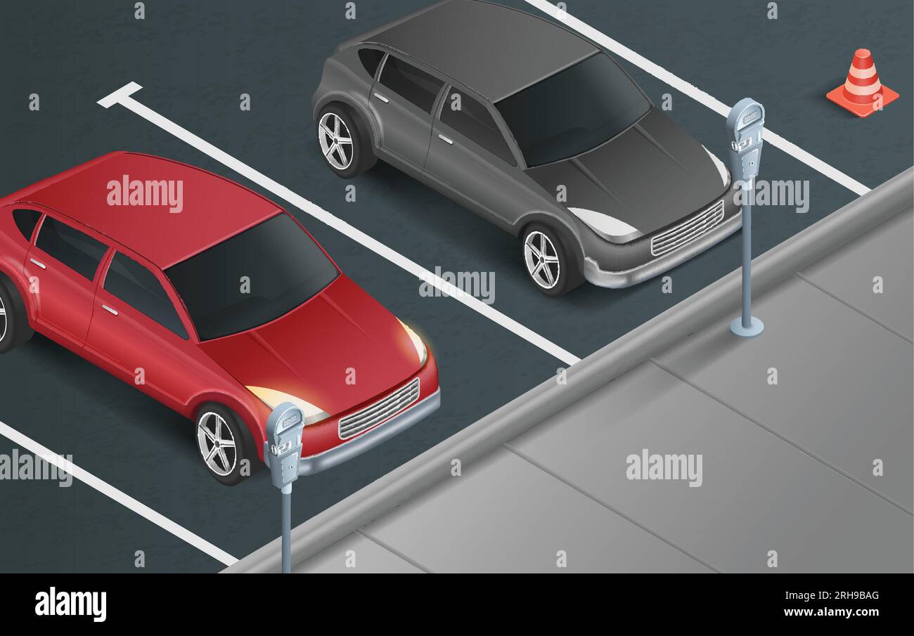Paid car parking realistic background with two parking lots equipped ...