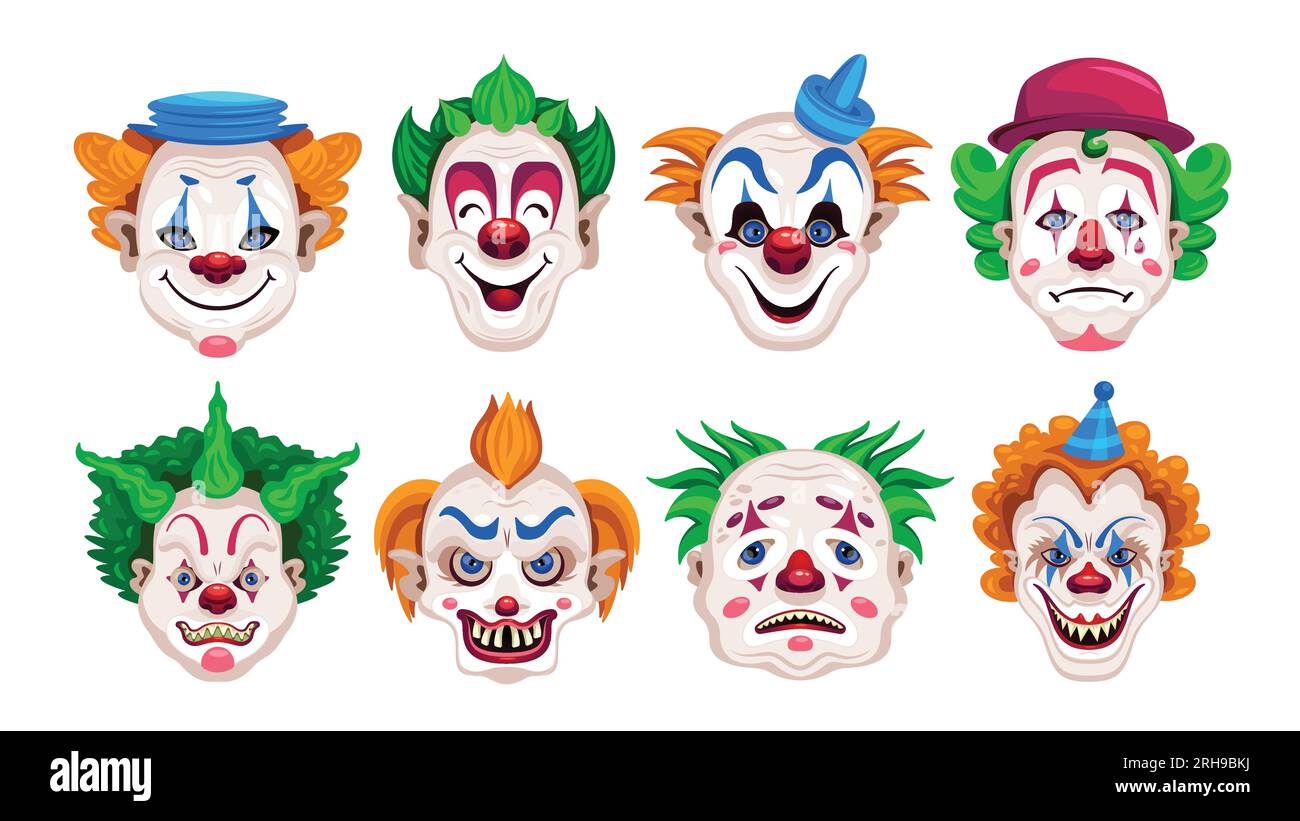 Clowns faces color set with isolated front view images of funny and scary faces of clowns vector ...