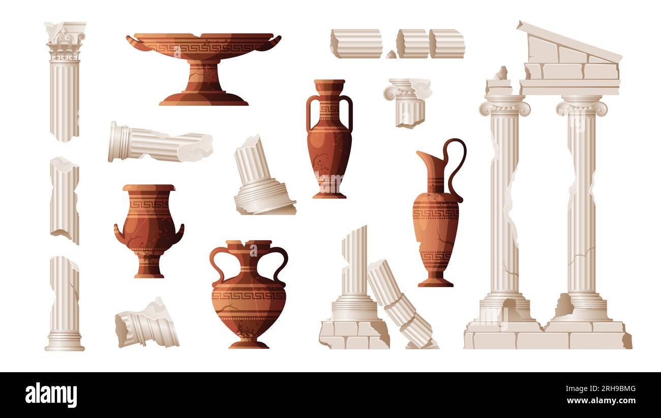 Ancient ruins vases set of isolated icons with greek jars amphoras and ...