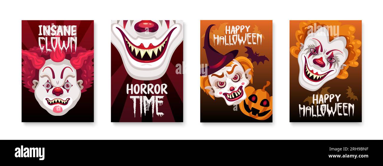 Clowns evil poster set with four vertical compositions of scary faces pumpkins bats and editable ...