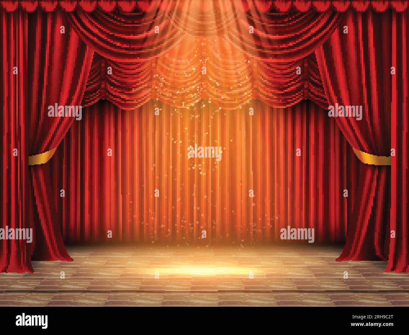 Realistic curtains stage composition with front view of theatrical ...