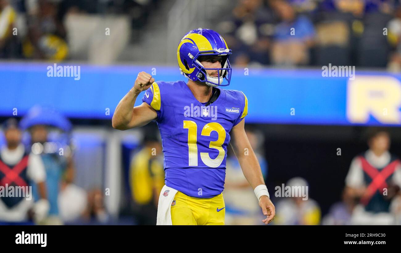 Los Angeles Rams quarterback Stetson Bennett celebrates after a ...