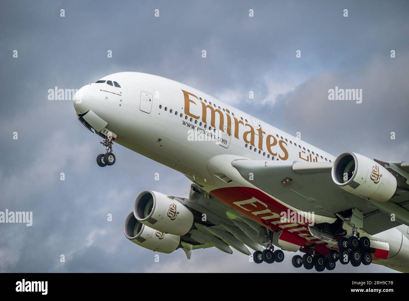Emirates A380 takes off at Manchester airport Stock Photo - Alamy