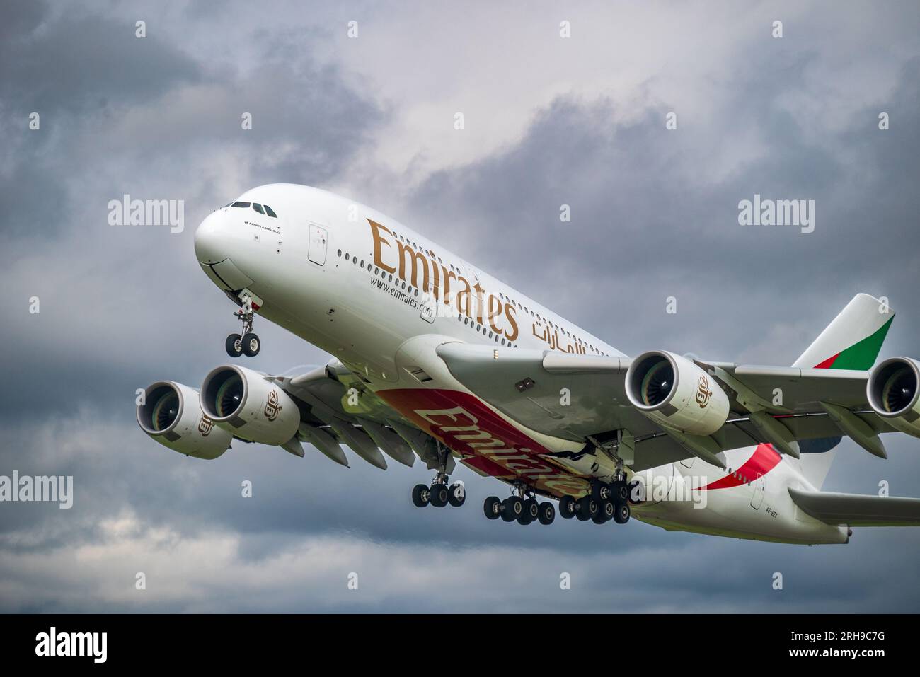 Emirates A380 takes off at Manchester airport Stock Photo - Alamy
