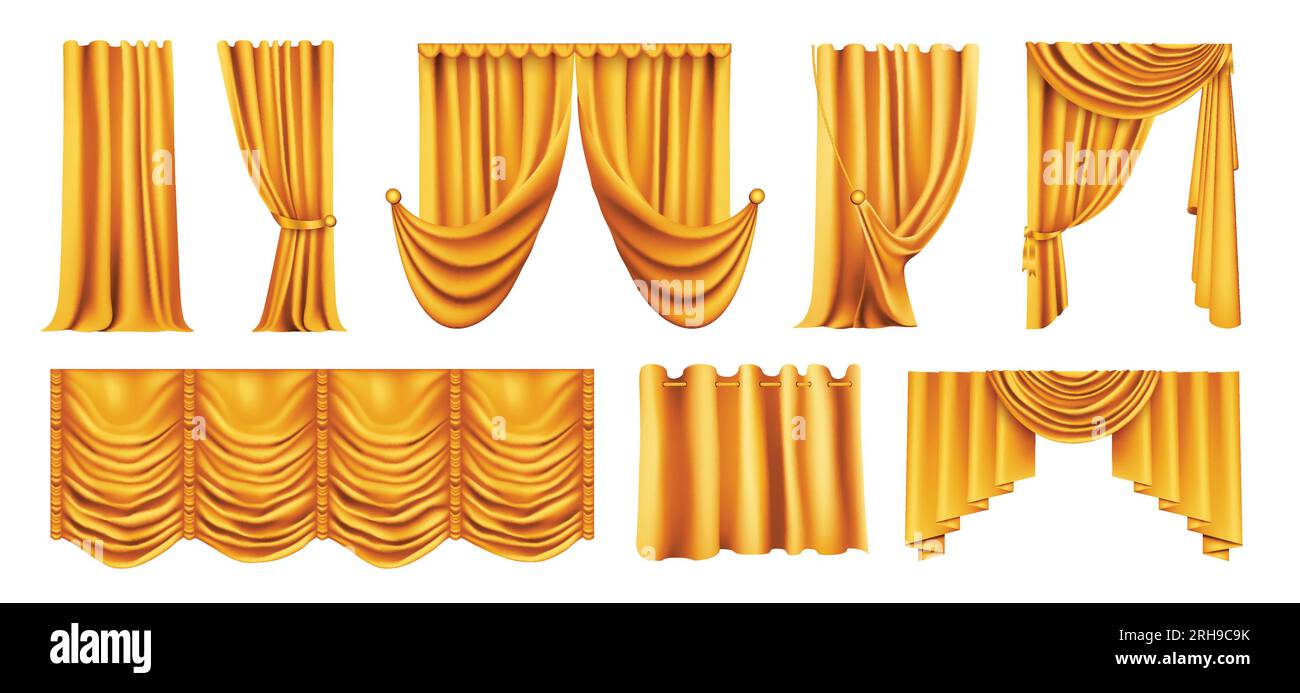 Realistic curtains gold set with isolated images of hanging curtain ...
