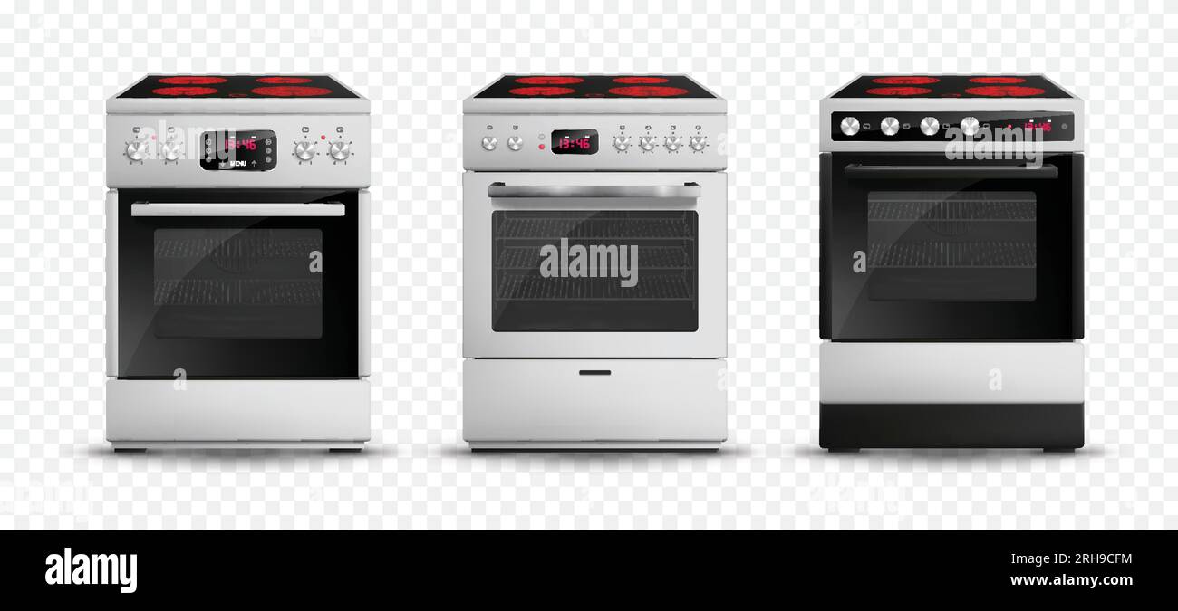 Realistic gas stove set of three isolated images on transparent ...