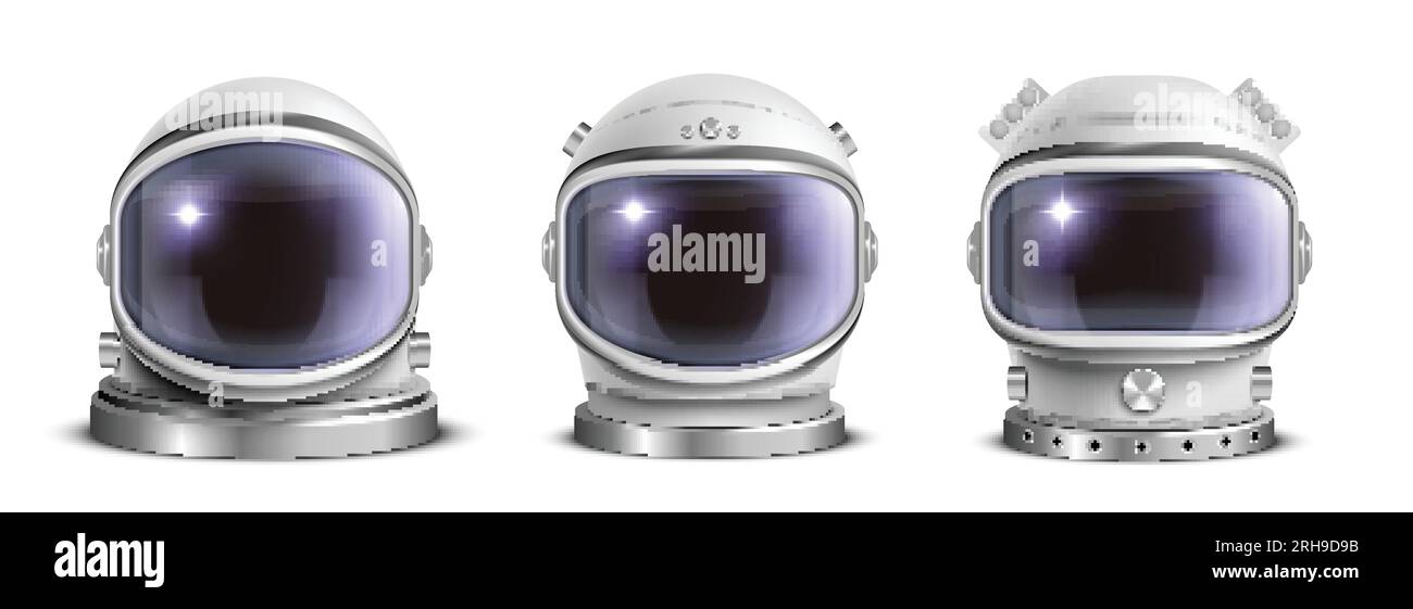 Realistic astronaut helmet set of three isolated images of space suit ...