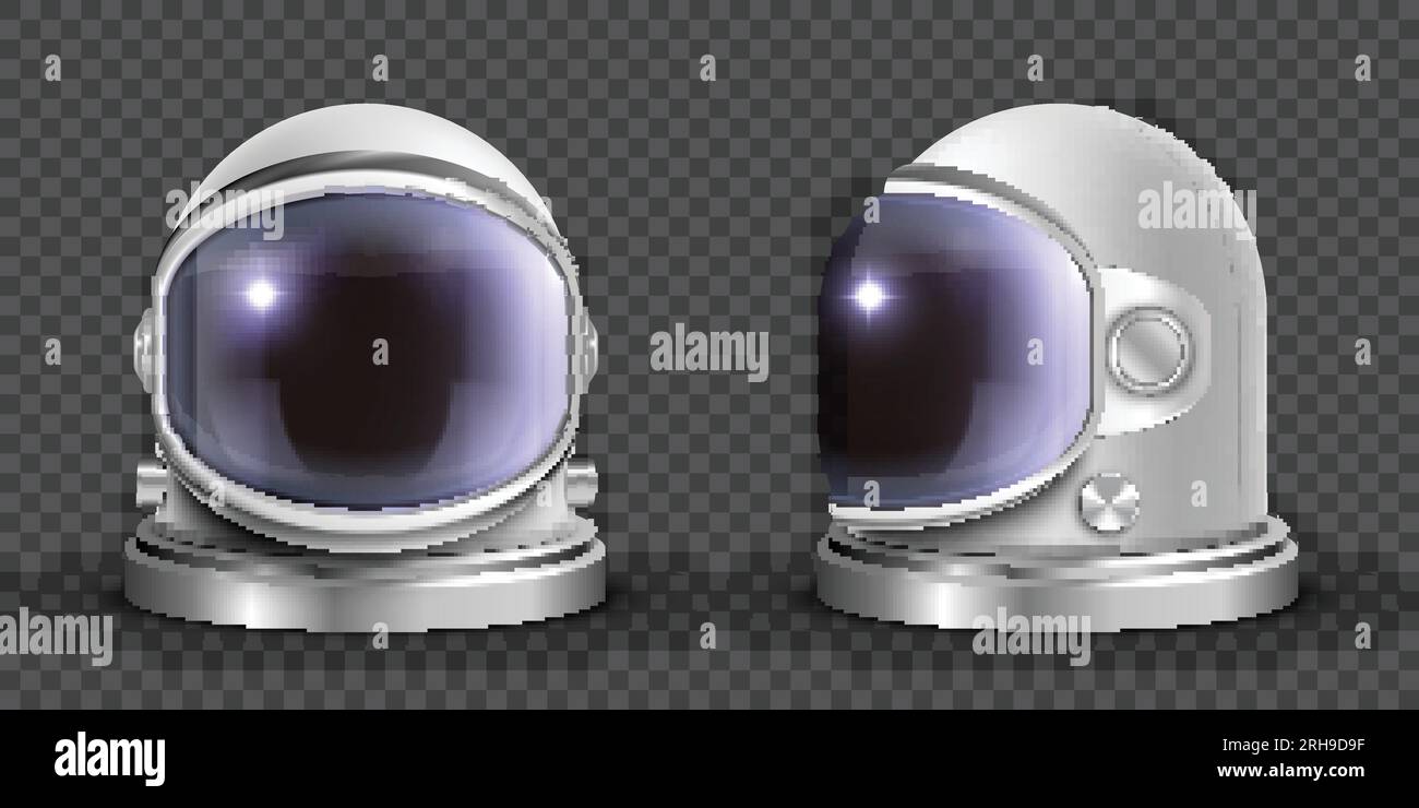 Realistic astronaut helmet set with two isolated images of space suit ...