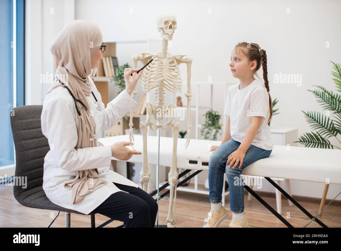 Physician showing ribs on anatomical model to preteen girl Stock Photo ...