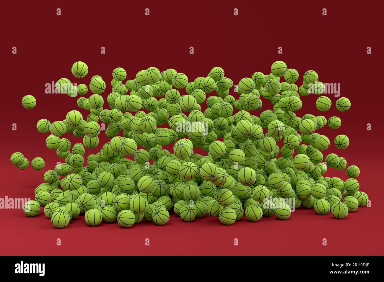 Many of flying green basketball ball falling on red background. 3d ...