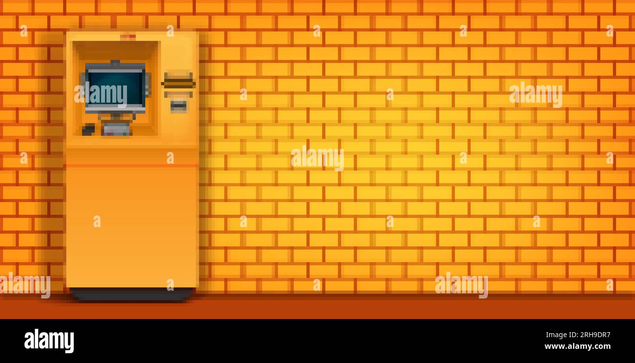 Yellow atm machine front view on brick wall background of same colour realistic vector ...
