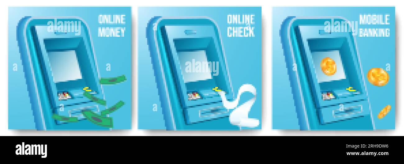 Atm machine mobile banking online money and check realistic set ...