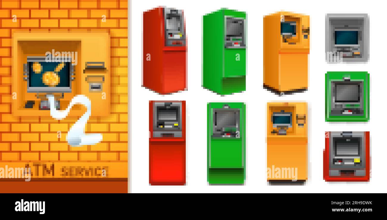 Atm service composition with machines of different colours isolated on white background vector ...