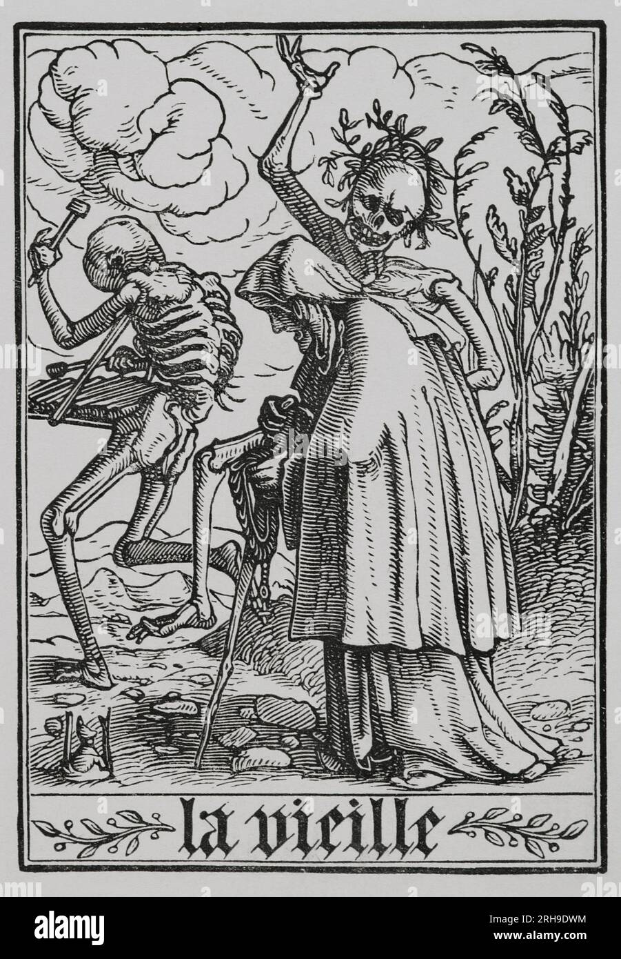 The Old Woman. Death is depicted guiding an old woman who walks with ...