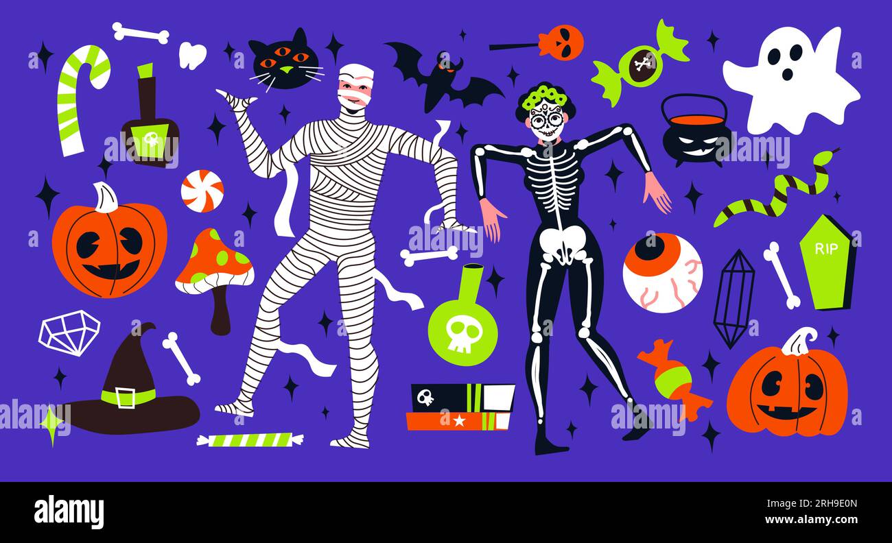 Halloween big set of flat icons with skeleton mummy jack o lanterns ...