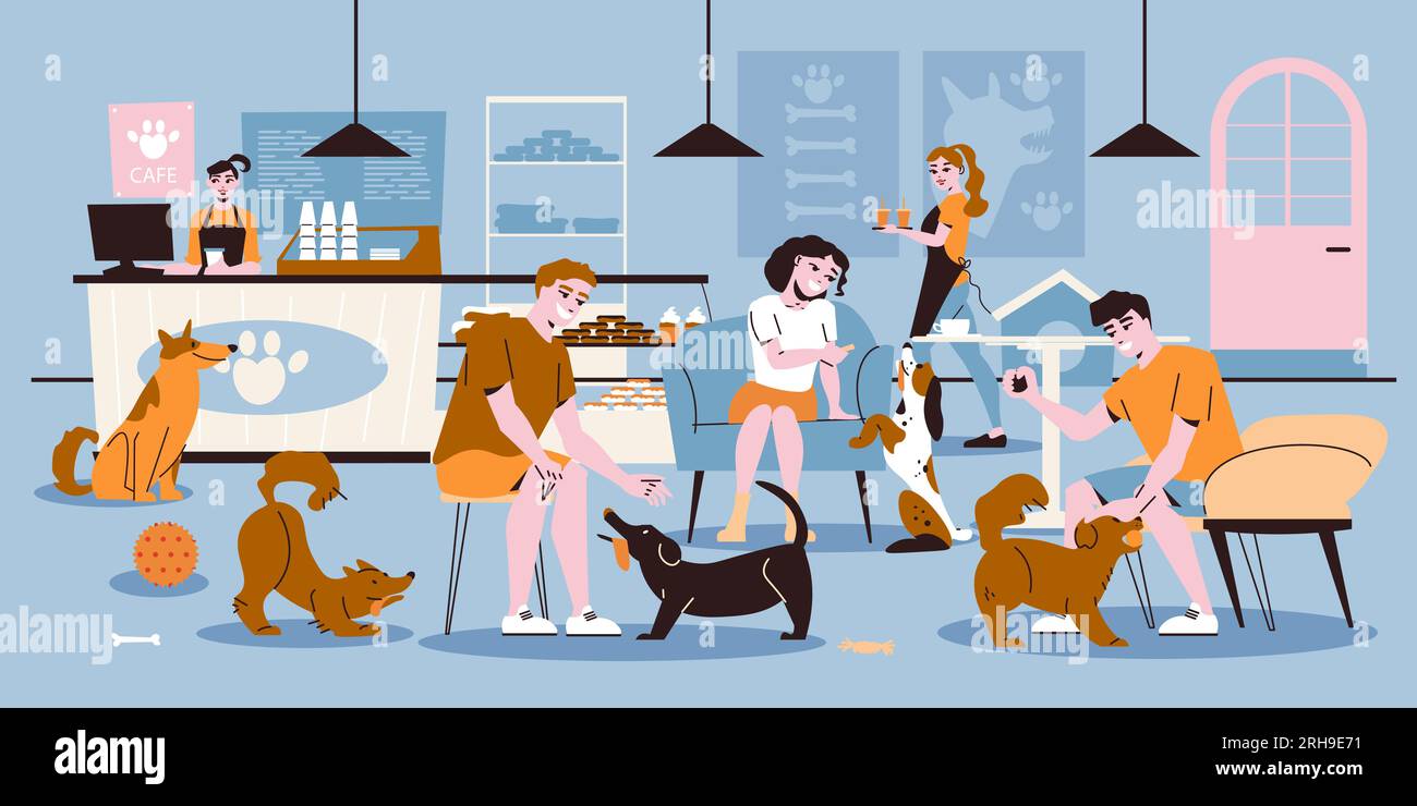 People play and eat together with dogs at pets cafe flat vector ...