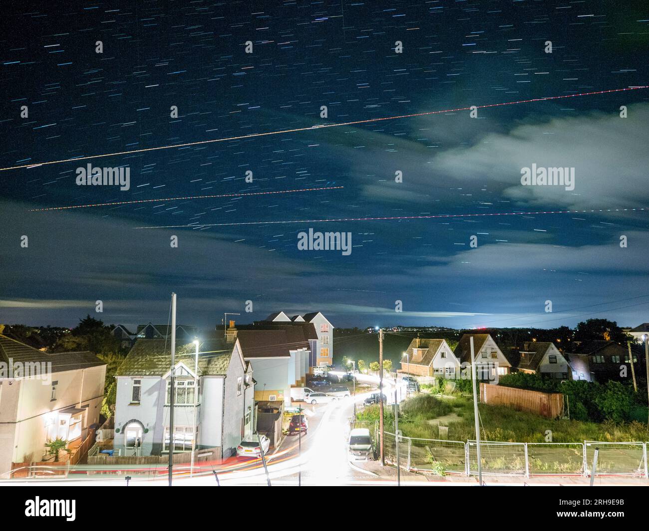 Sheerness, Kent, UK. 14th Aug, 2023. UK Weather: plane and star trails ...