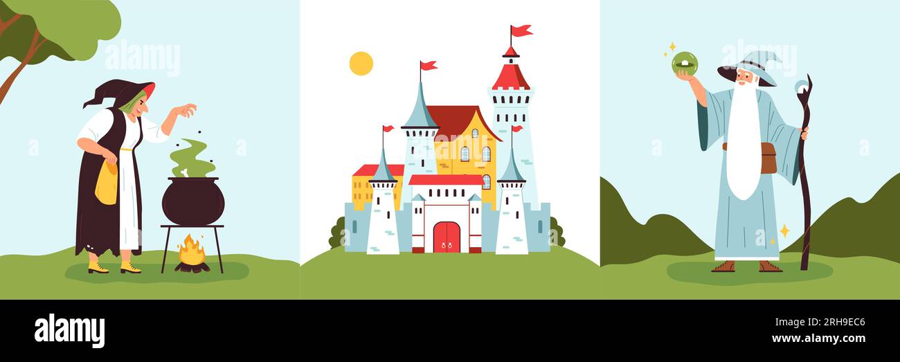 Kingdom set of three square compositions with outdoor landscapes ...