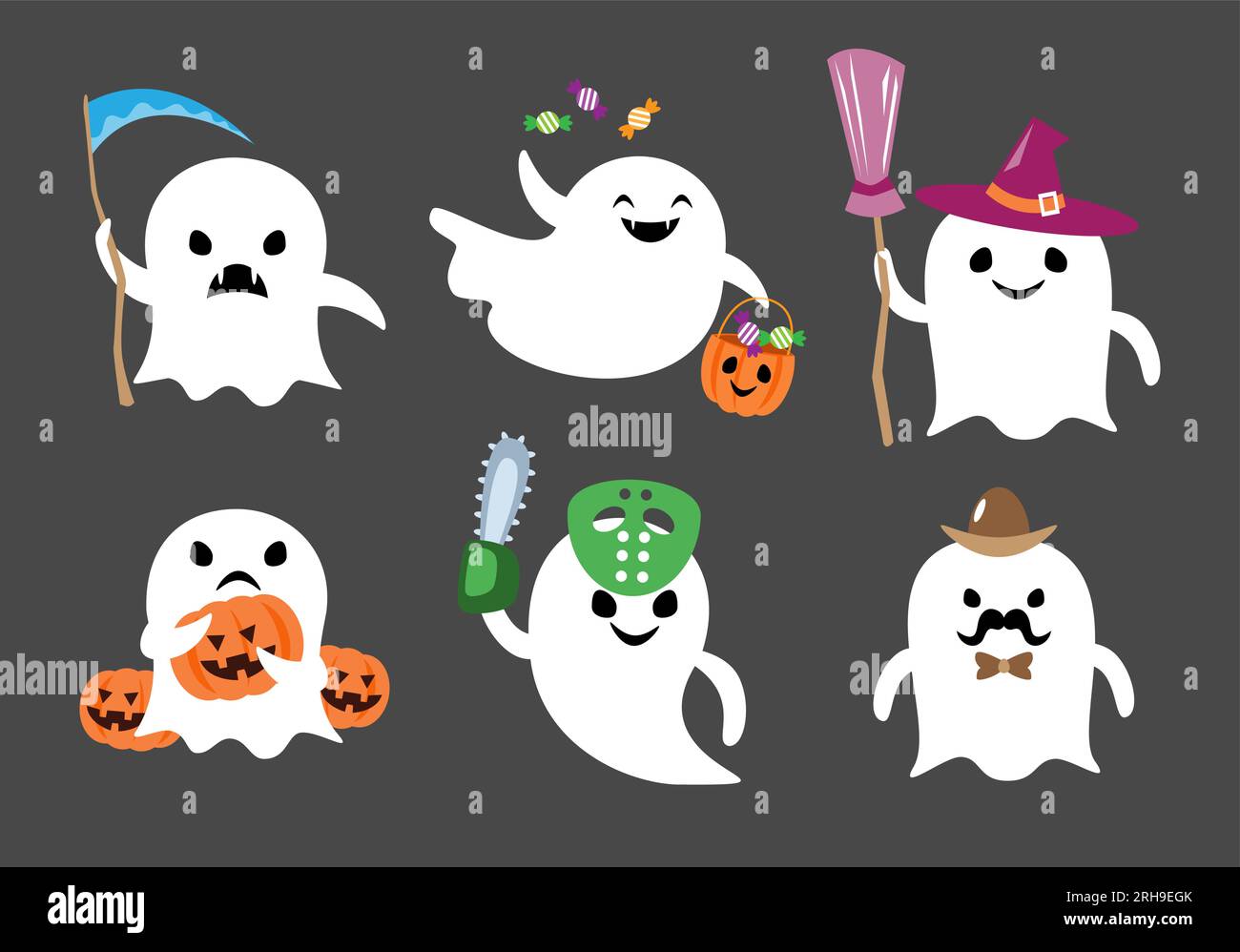 Set of soul ghost with halloween costume . Cartoon characters . Flat ...