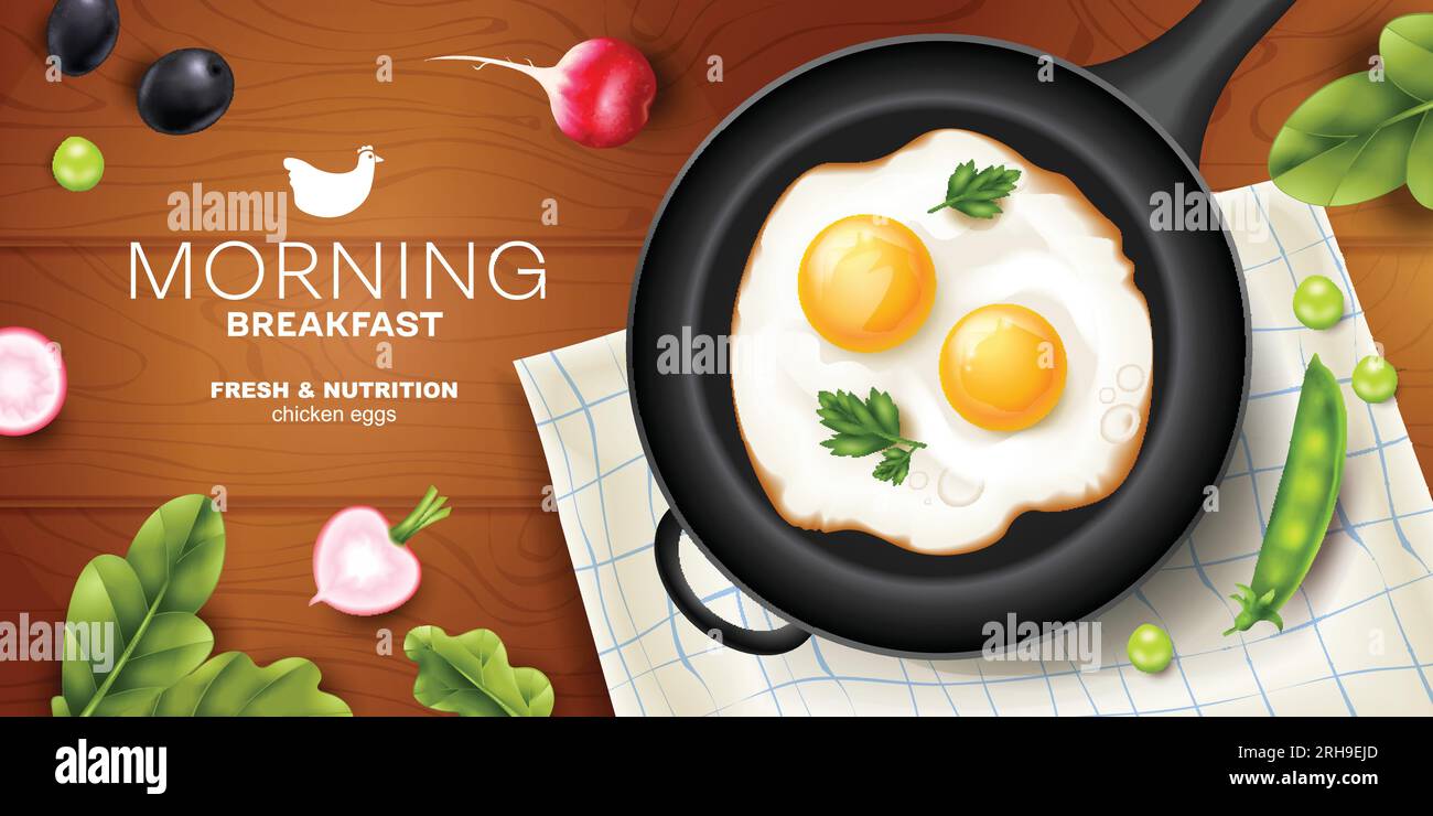 Healthy breakfast realistic horizontal ad poster with fried eggs on ...