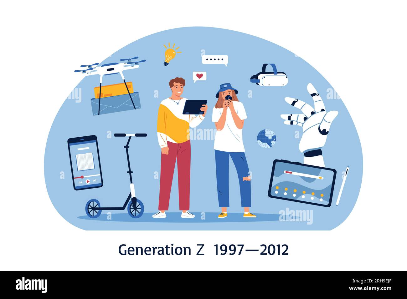Generation z composition with modern man and woman surrounded by ...