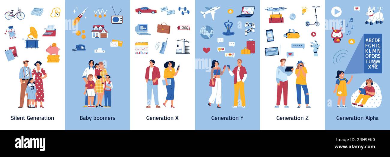 Generations color set with doodle human characters text captions and ...