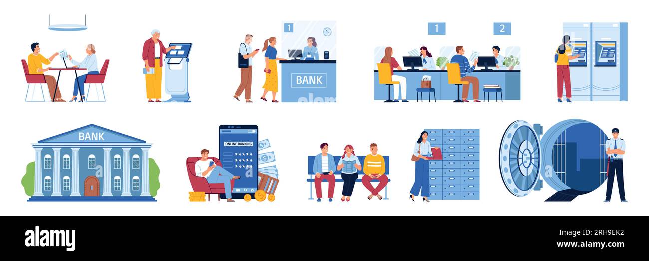 Bank set of isolated compositions with classic building waiting seats ...