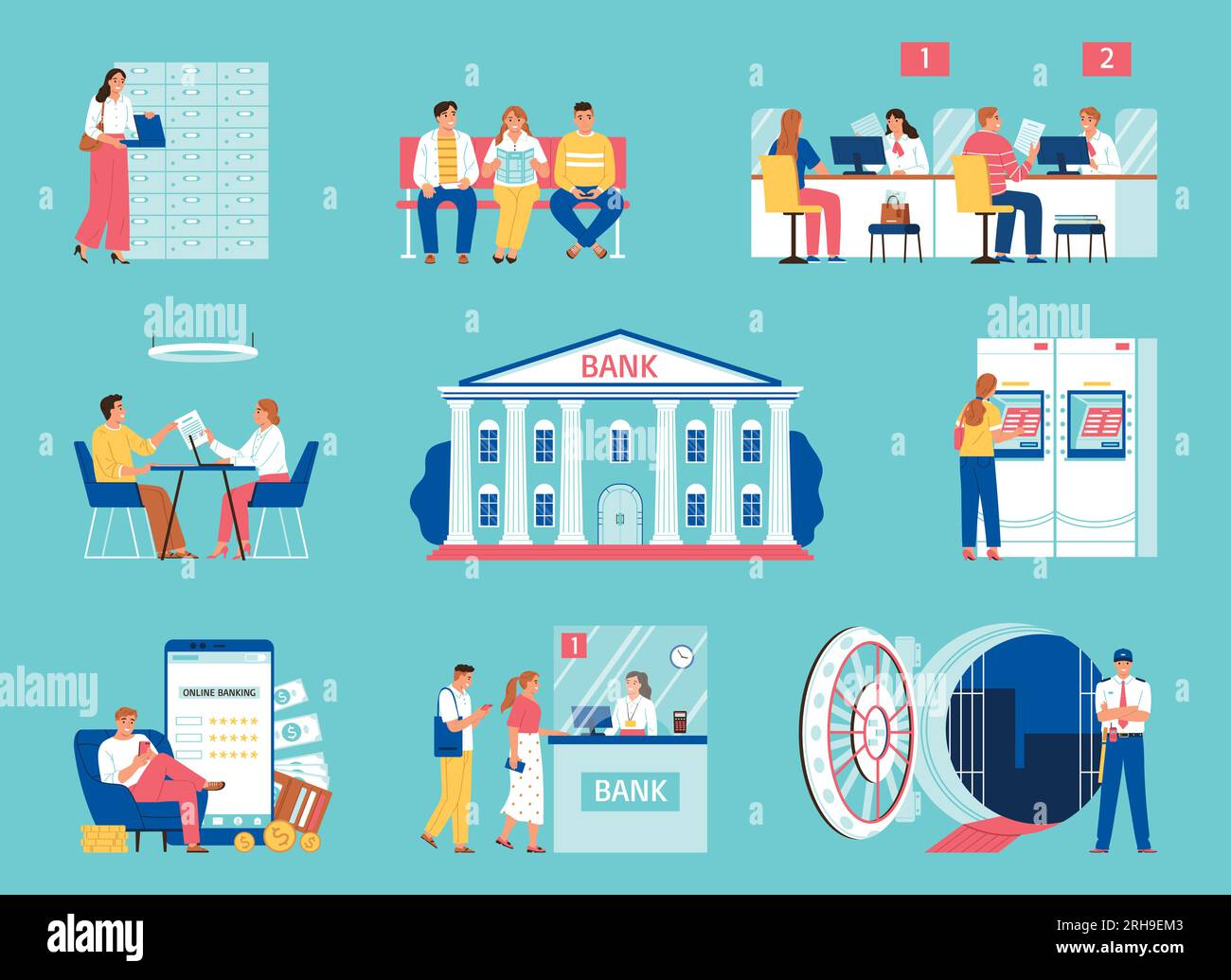 Bank color set with isolated compositions of waiting clients cashiers ...