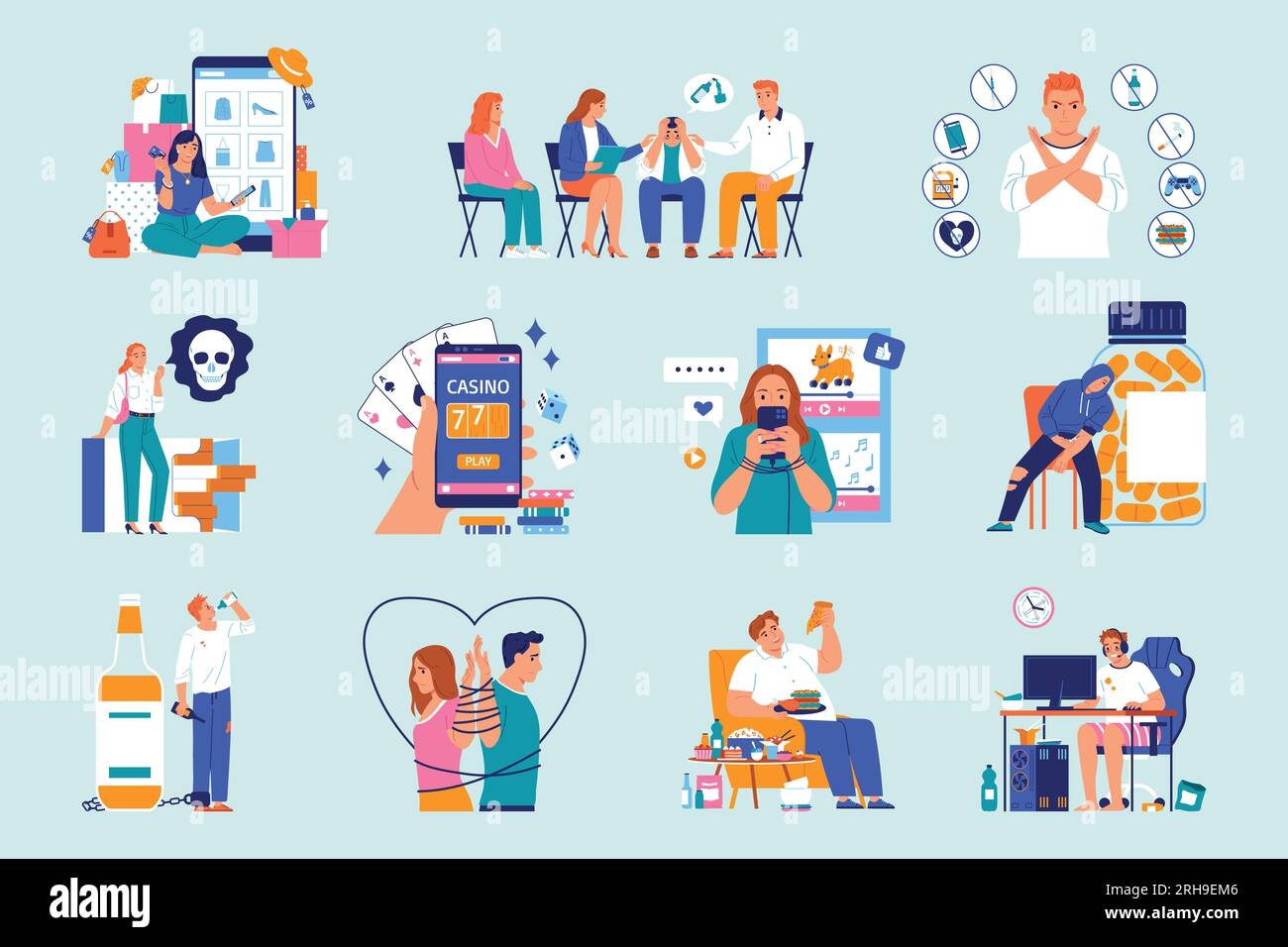 Addiction color set with isolated compositions of doodle people ...