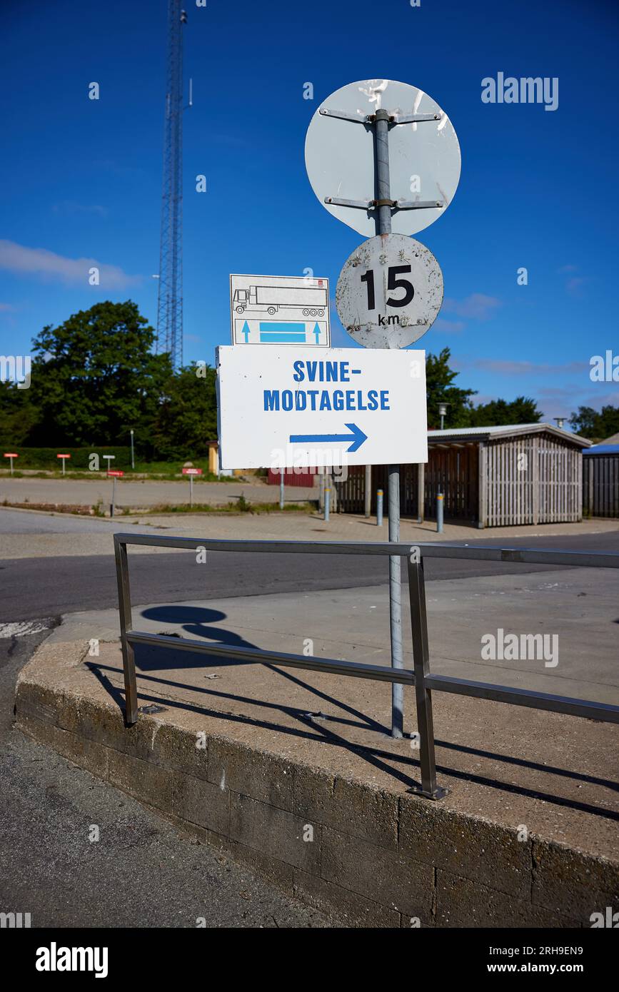 Svinemodtagelse (reception of pigs), sign outside Sæby Slaughterhouse ...