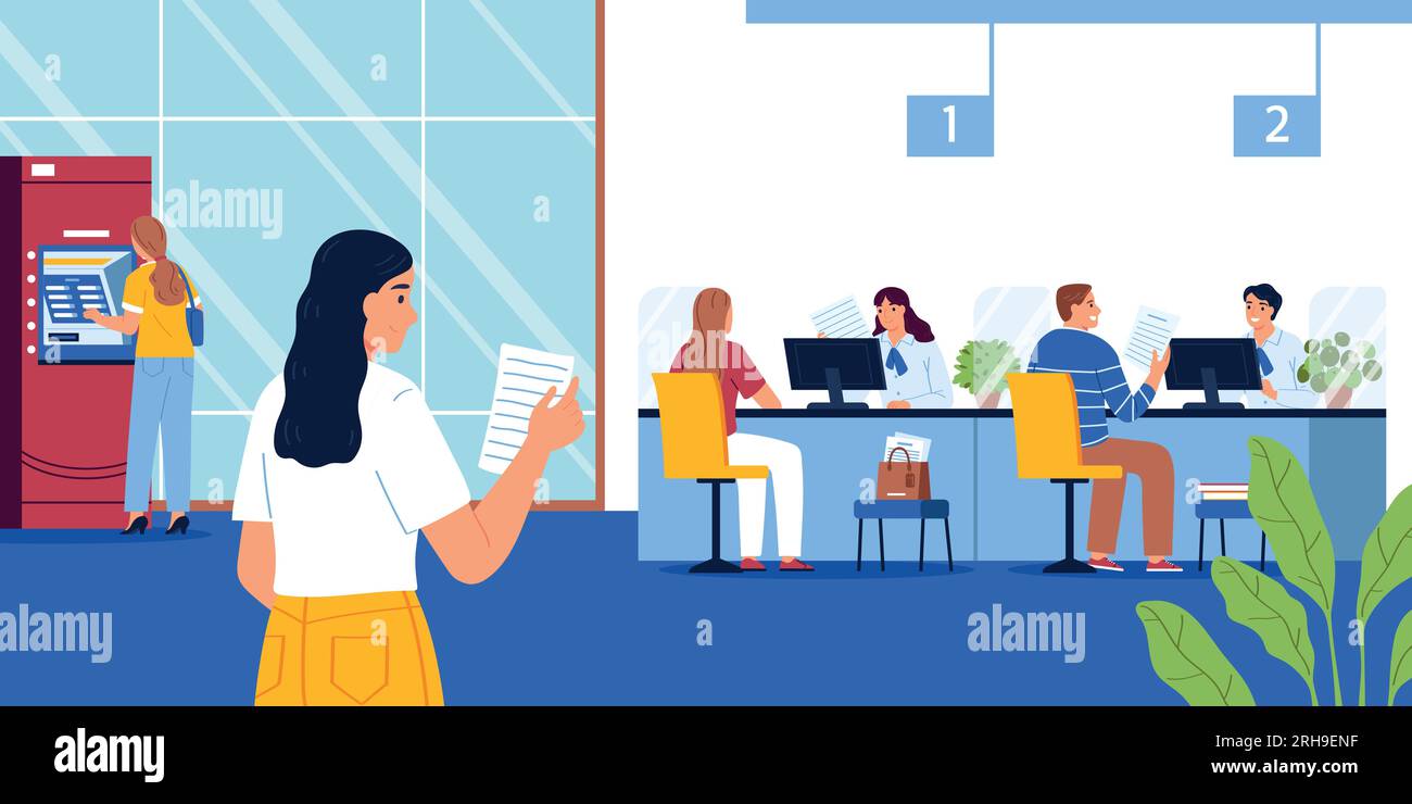 Bank composition with indoor scenery of bank branch with waiting people ...