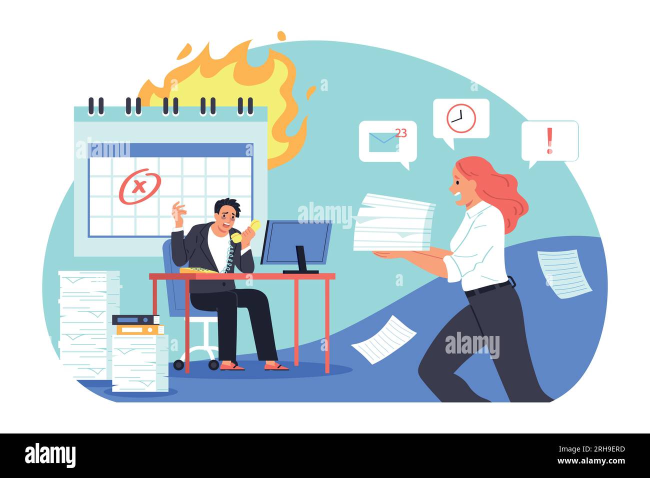 Procrastination project deadline composition with office scenery and man hanging on phone while ...