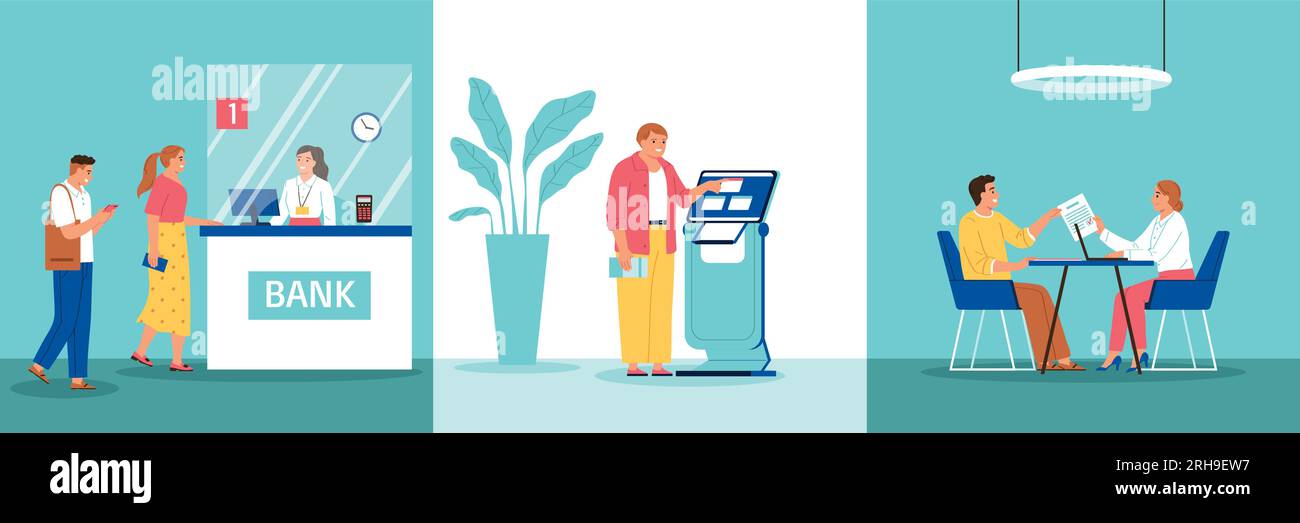 Bank set of three square compositions with doodle characters of clients ...