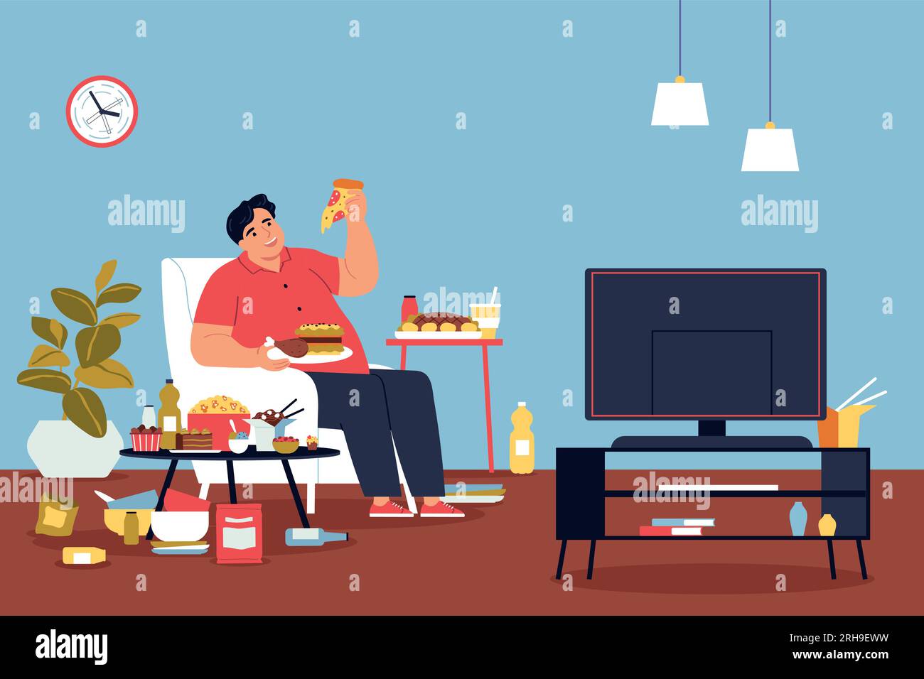 Addiction composition with indoor loving room scenery and fat man ...