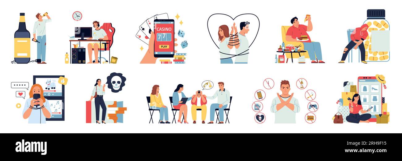 Addiction set with conceptual views of doodle human characters addicted ...