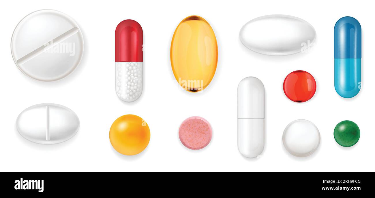 Realistic pills and capsules set of isolated images with top view of ...