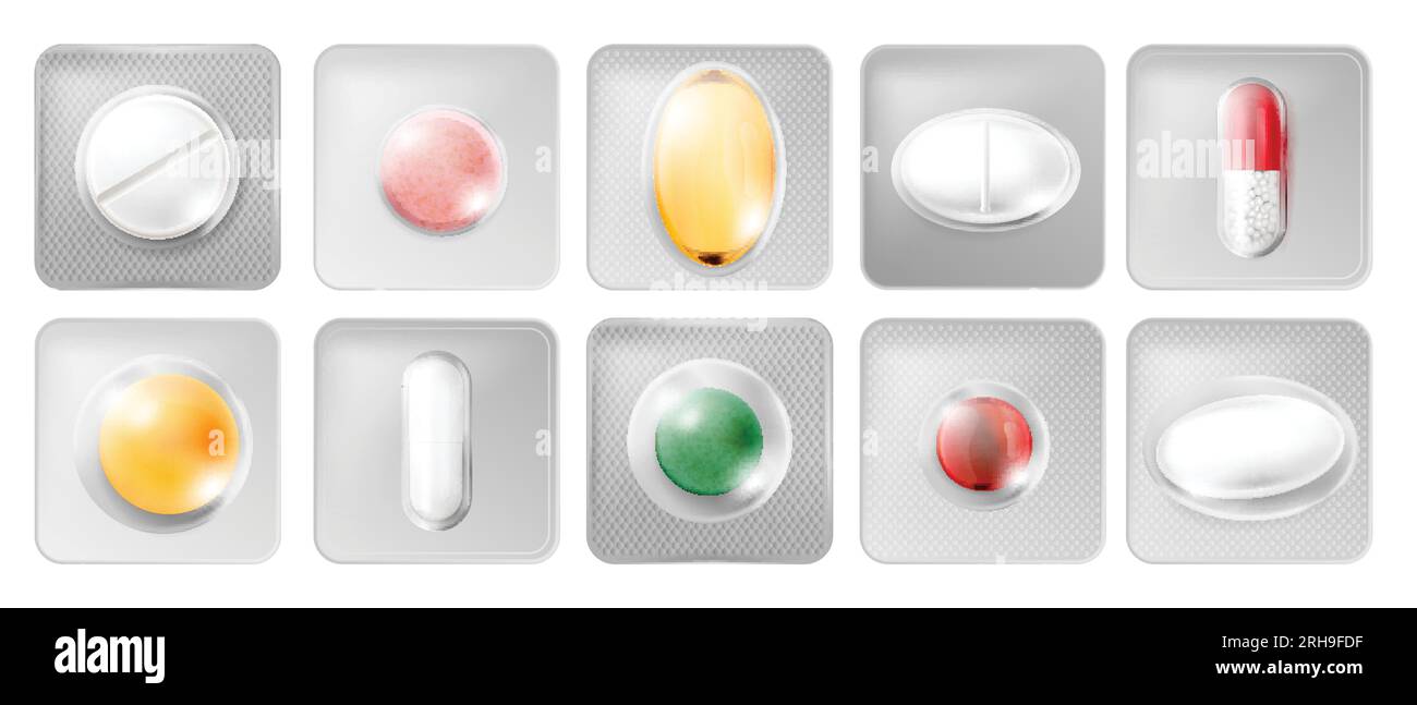 Set of isolated realistic images with top view of single pills and ...