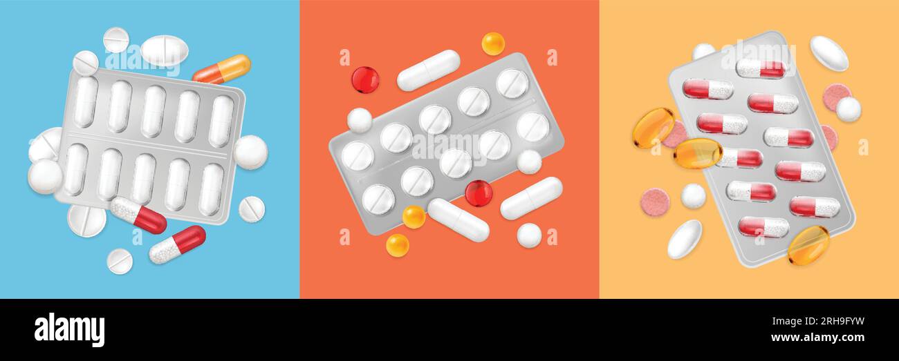 Realistic pills capsules set of three square compositions with bunches ...