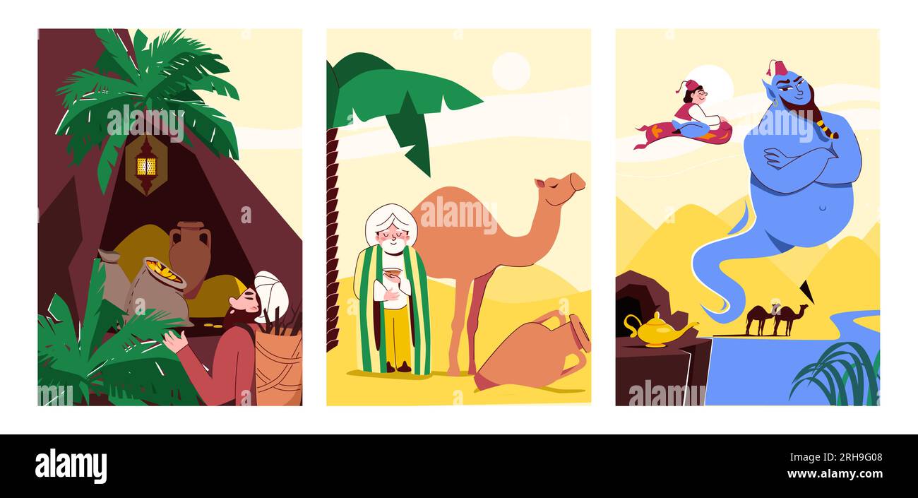 Fairy tales flat posters set illustrating old wise man with camel and ...
