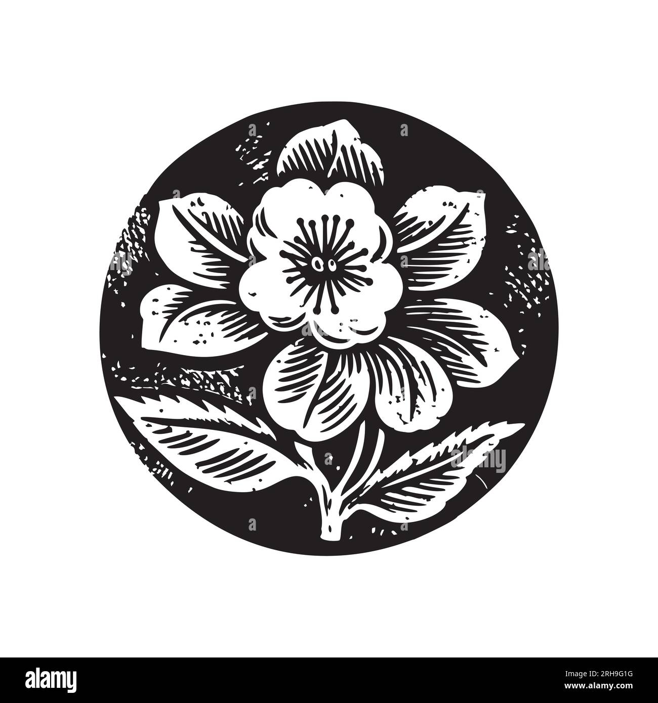 Nordic linocut floral in rustic circle motif for quirky print. Hand ...