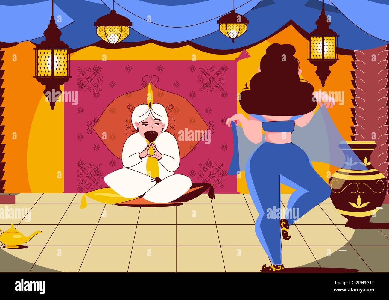 Fairy tales flat colorful background with young female person dressed ...