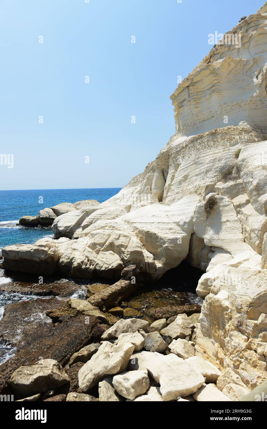 The dramatic coastal scenery at the Rosh Hanikra grottoes in northern ...