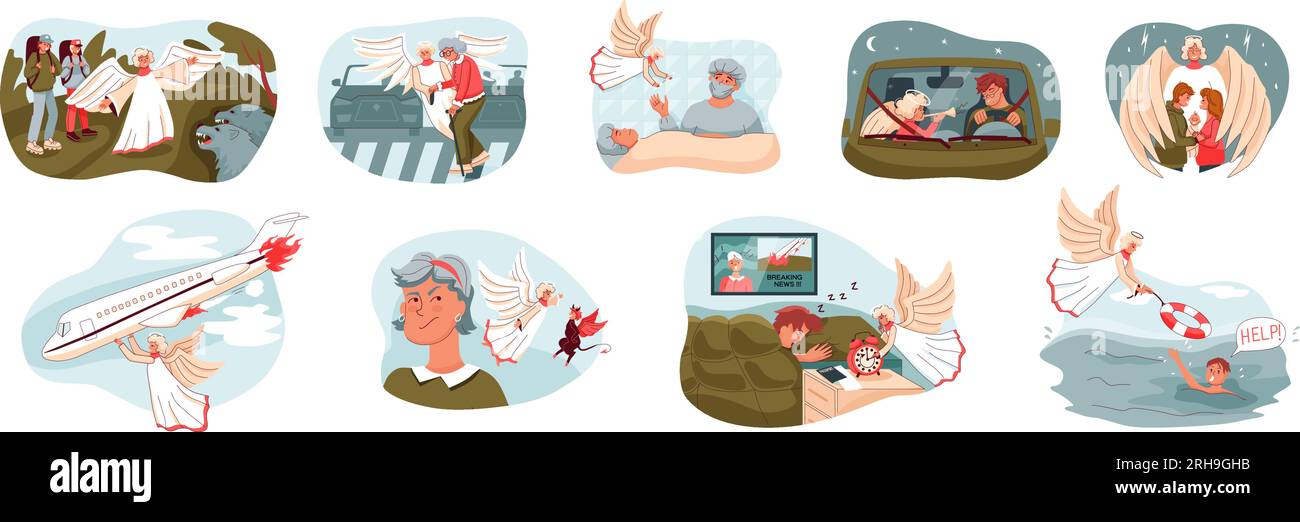 Angel help flat set of people in various situations needing in support ...