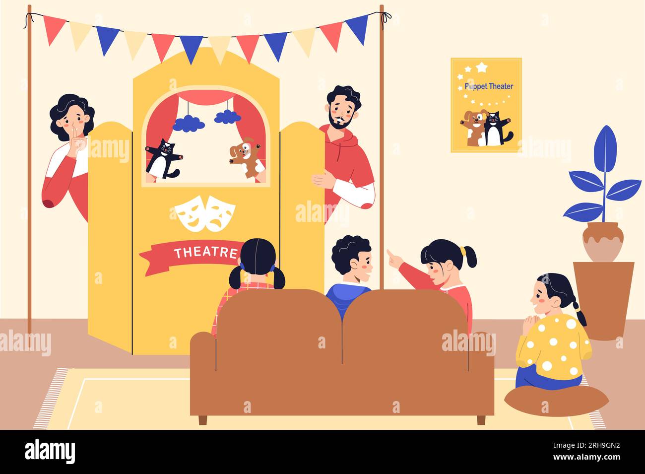 Puppet show theatre flat composition with indoor view of performing ...